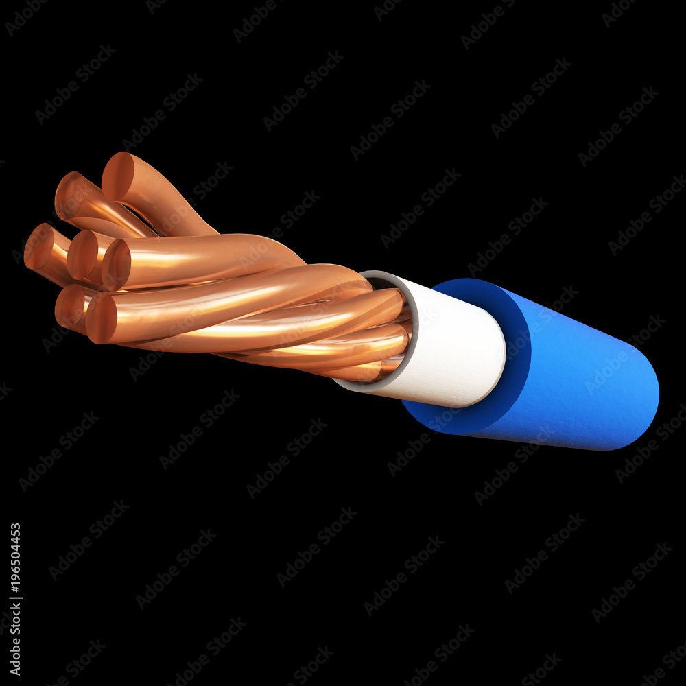 Copper electrical cable cleared wire. 3d render illustration on black ...