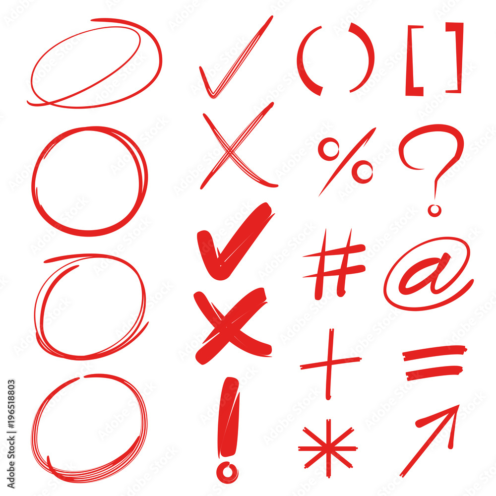 red hand drawn check marks, math sign, bracket, and circle markers ...