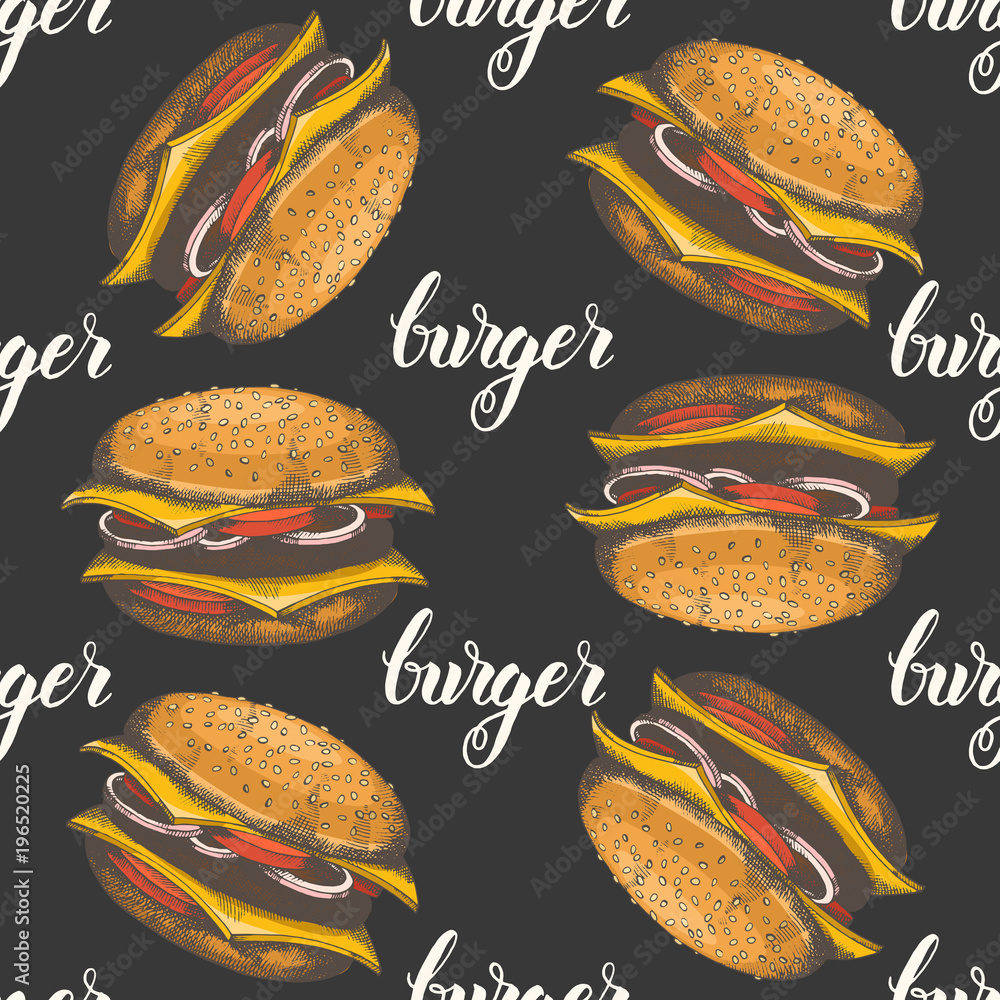 Seamless pattern with hand drawn burgers. Vector fast food background ...