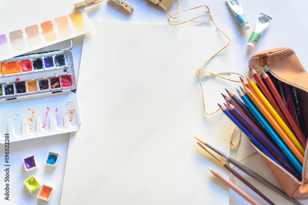 Drawing mockup with blank textured paper and watercolors Stock Photo ...