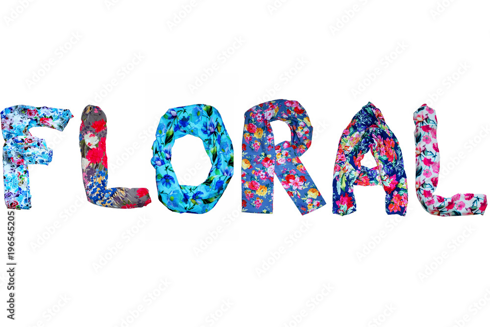 isolated word floral is lined with various clothes with bright floral ...