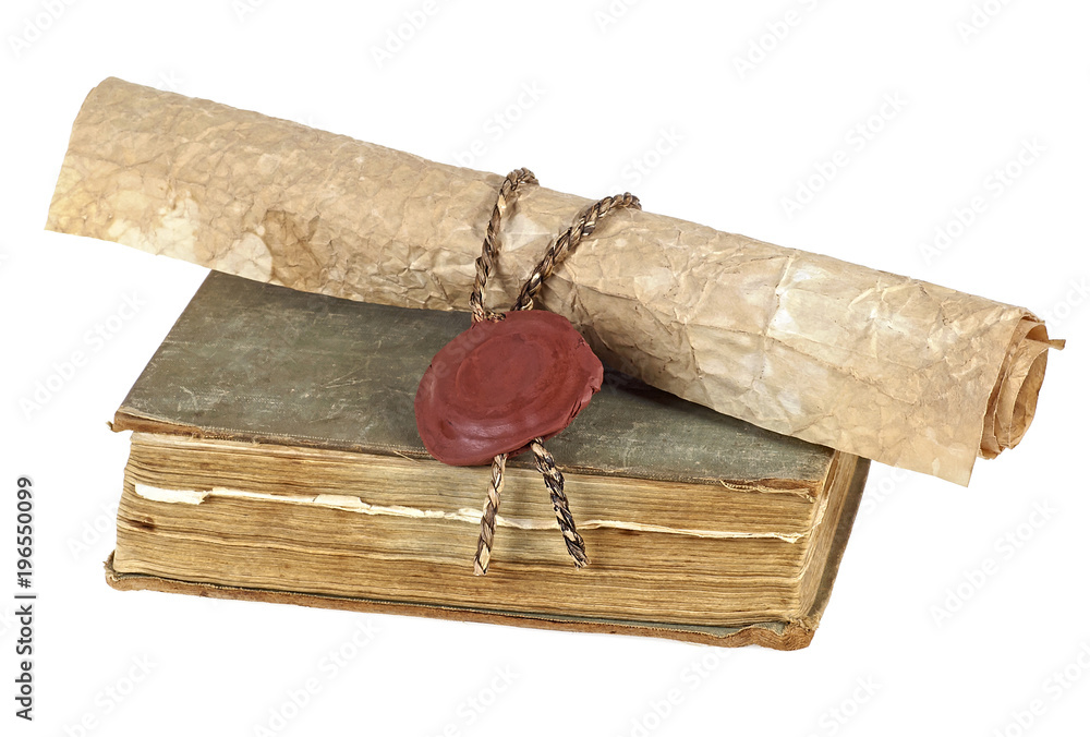 Old book and vintage paper scroll isolated on white background Stock ...