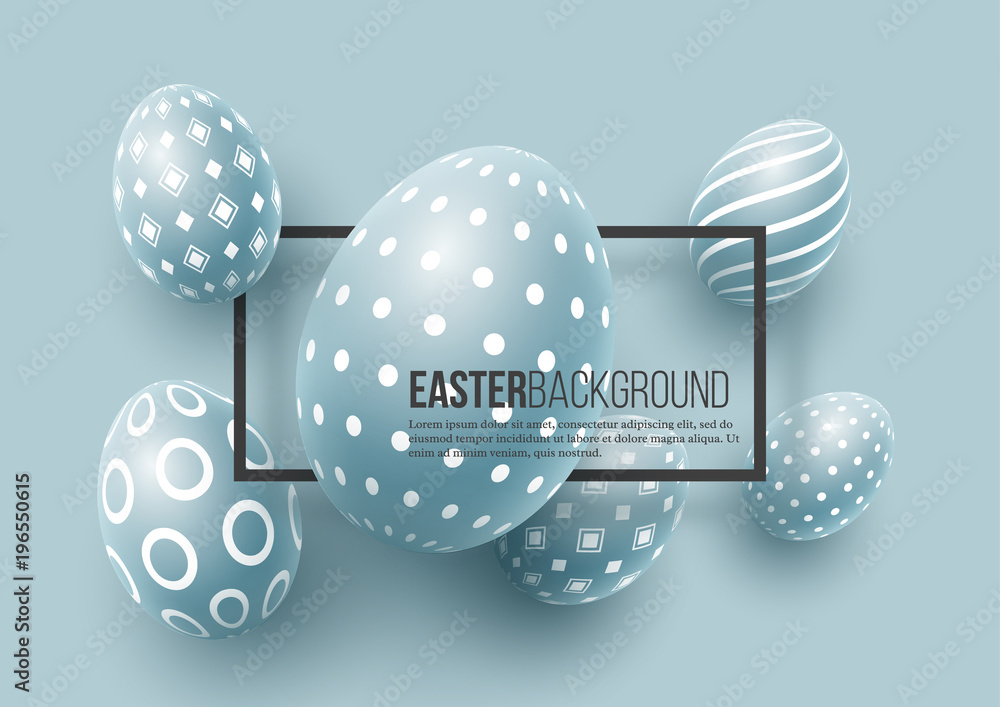 Abstract Easter blue background. Decorative 3d eggs with frame. Vector ...