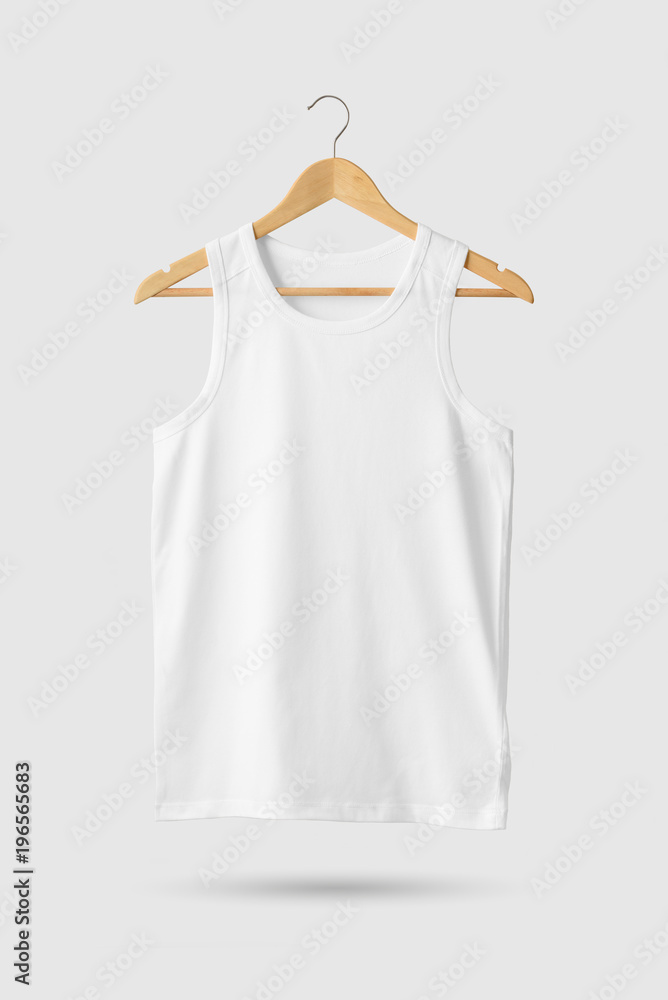Blank White Tank Top Shirt Mock-up on wooden hanger, front side view ...