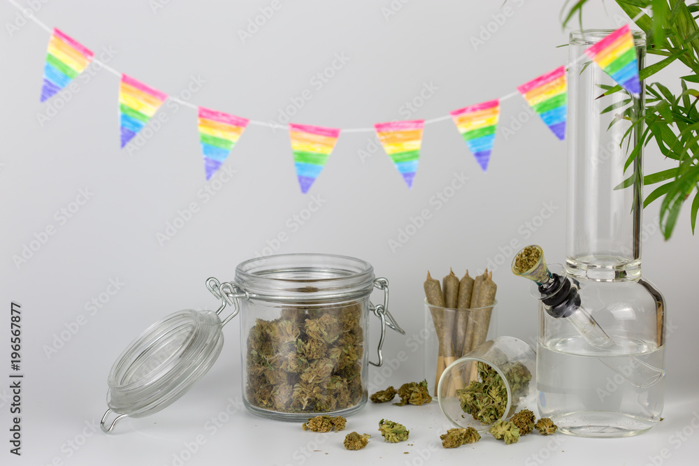 Poster Assorted weed in glass jars with bong, joints, plant and rainbow ...