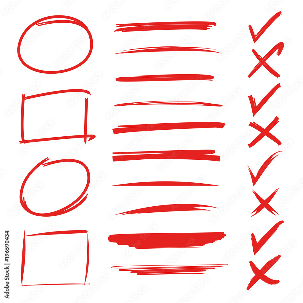 red hand drawn circle, rectangle markers and underlines, check marks ...