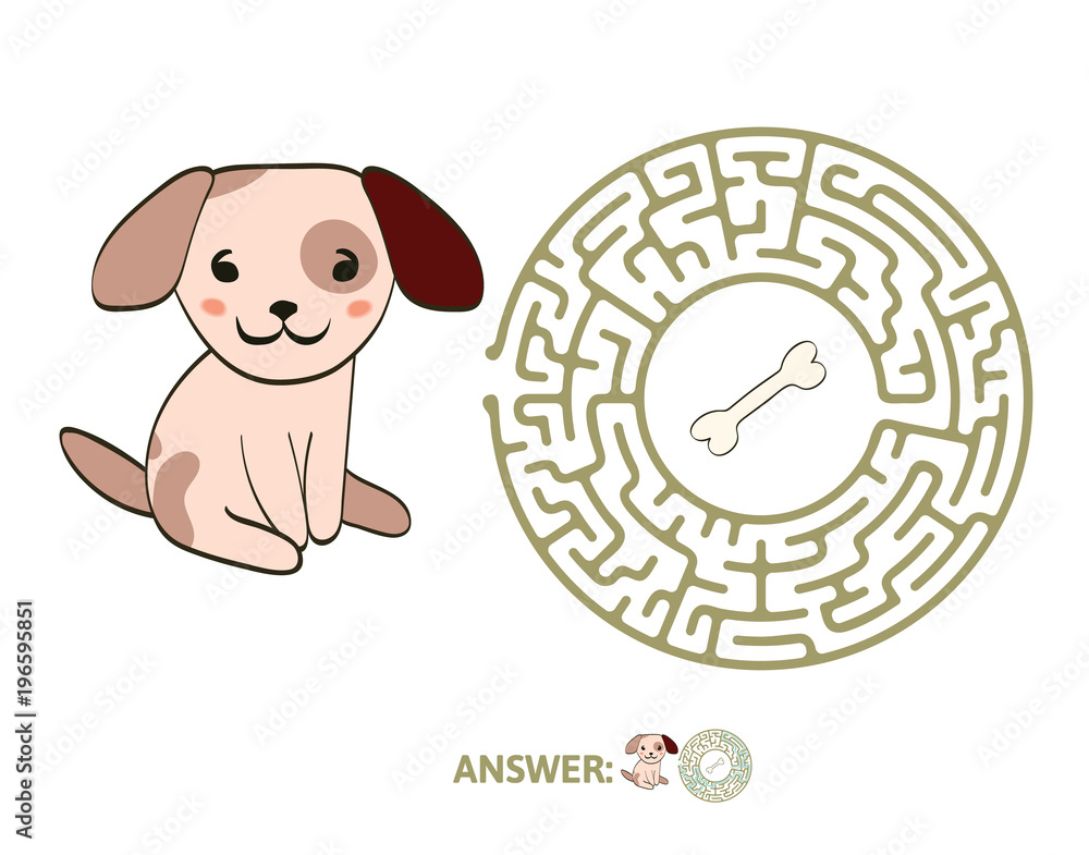 Children's maze with dog and bone. Cute puzzle game for kids, vector ...