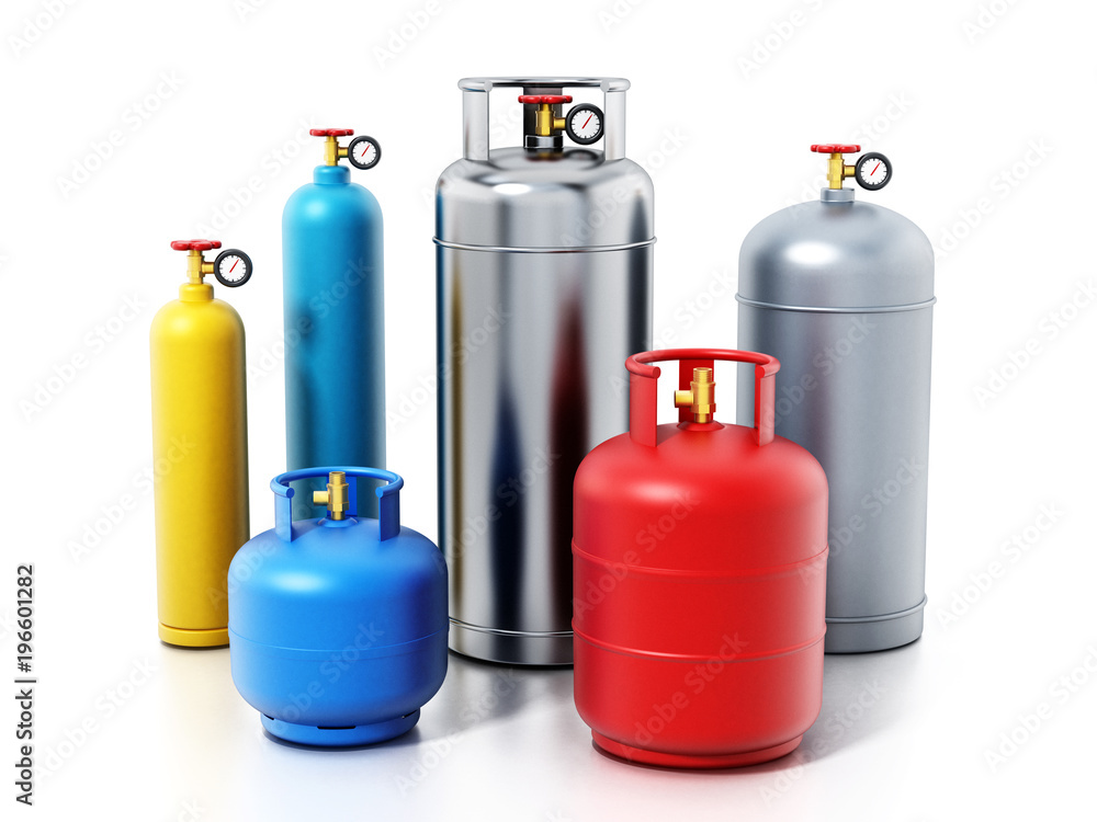 Multi-colored gas cylinders isolated on white background. 3D ...
