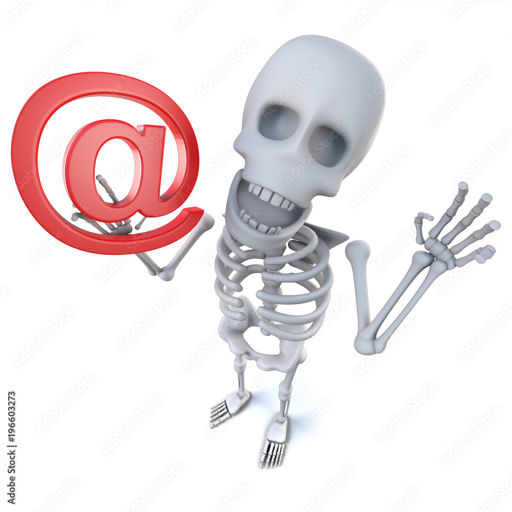 3d Funny cartoon skeleton character holding an email address symbol ...