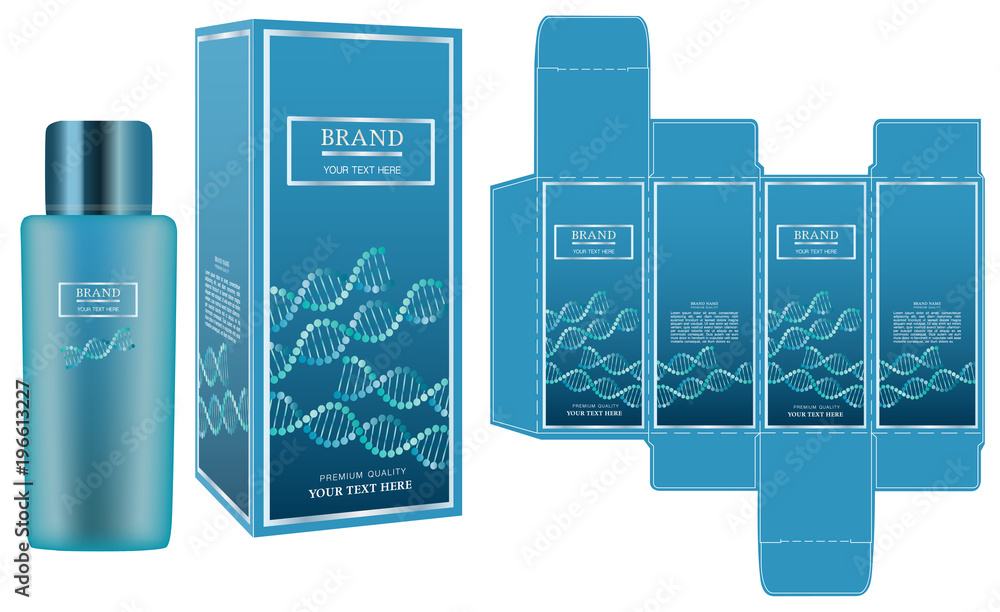 Packaging design, label on blue cosmetic container with luxury box ...