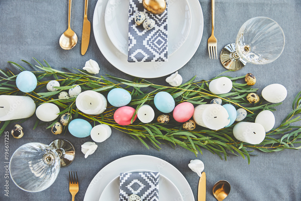 top view of easter table decoration Stock Photo | Adobe Stock