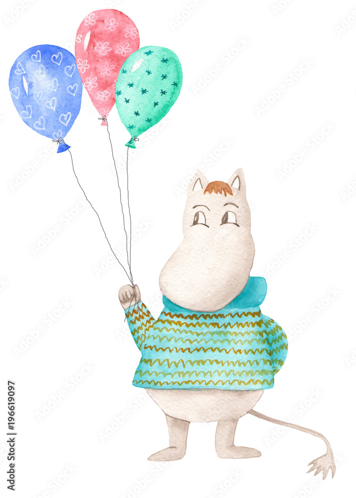 Moomin-troll with multi-colored balloons watercolor. Illustration on ...