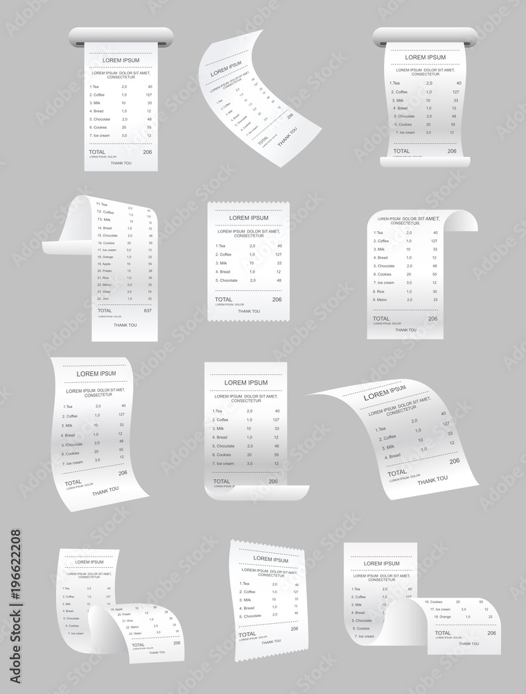 Vector illustration set of paper print checks and bills vector elements ...