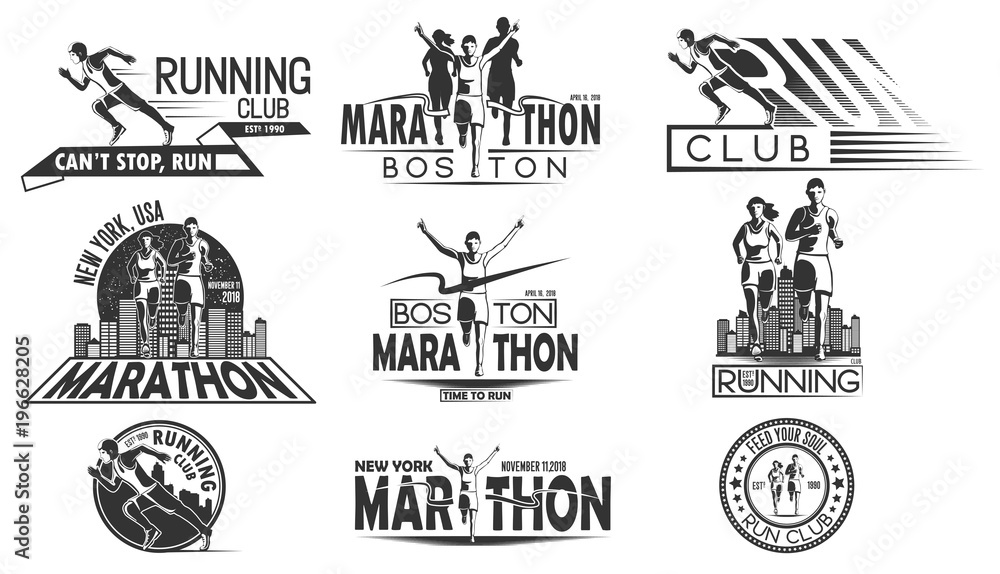 A set of monochrome design of logos, badges for a running tournament, a ...