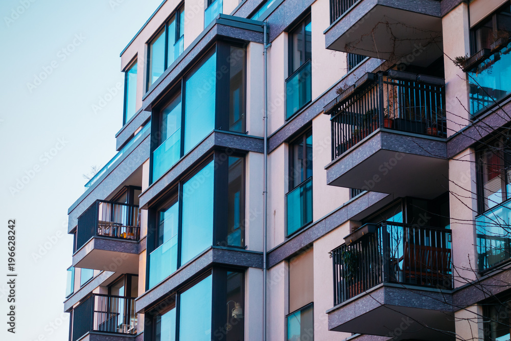 detailed view of glass apartment building with futuristic facade Stock ...