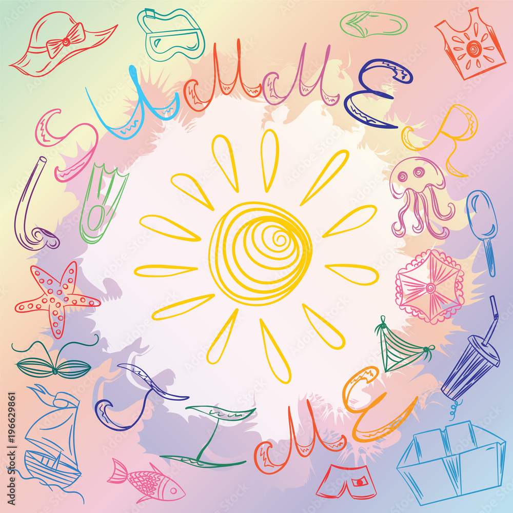 Hand Drawings of Summer Symbols and Sun. Vector Illustration. Stock ...