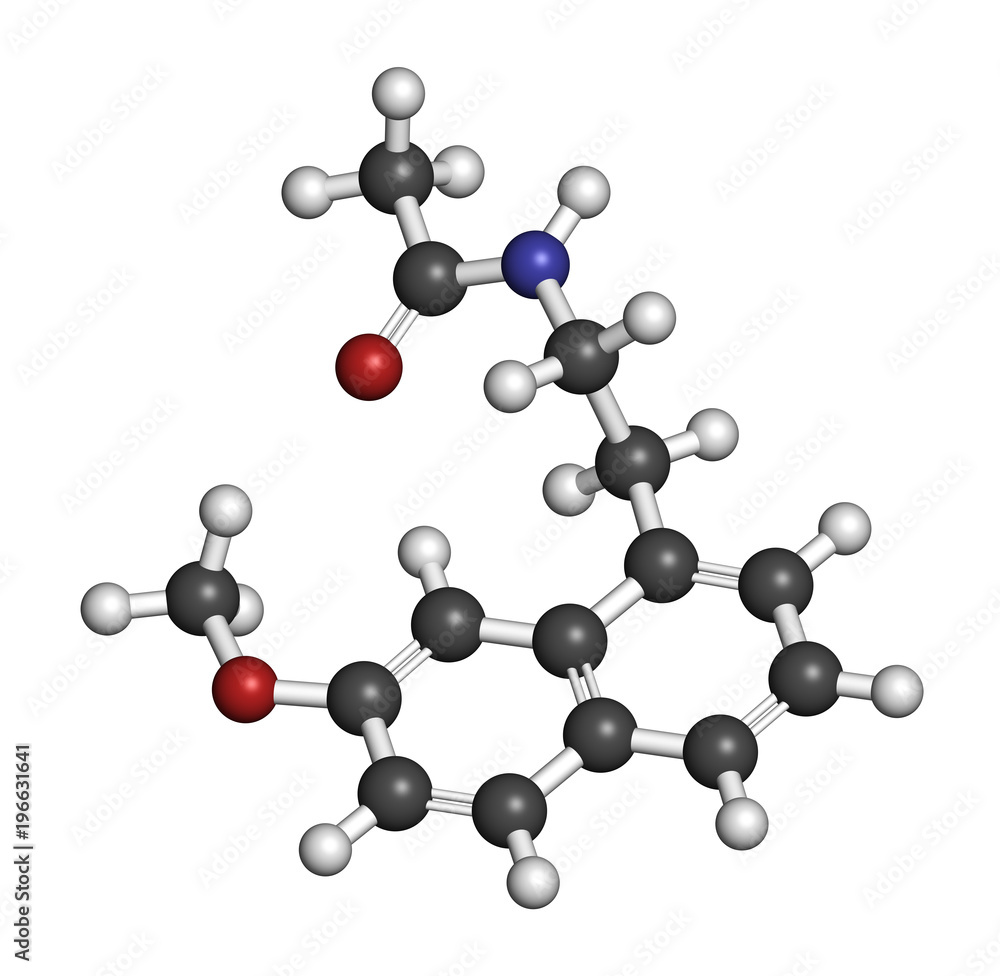 Agomelatine antidepressant drug molecule. 3D rendering. Atoms are represented as spheres with ...