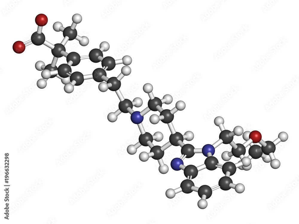 Bilastine antihistamine drug molecule. 3D rendering. Atoms are ...