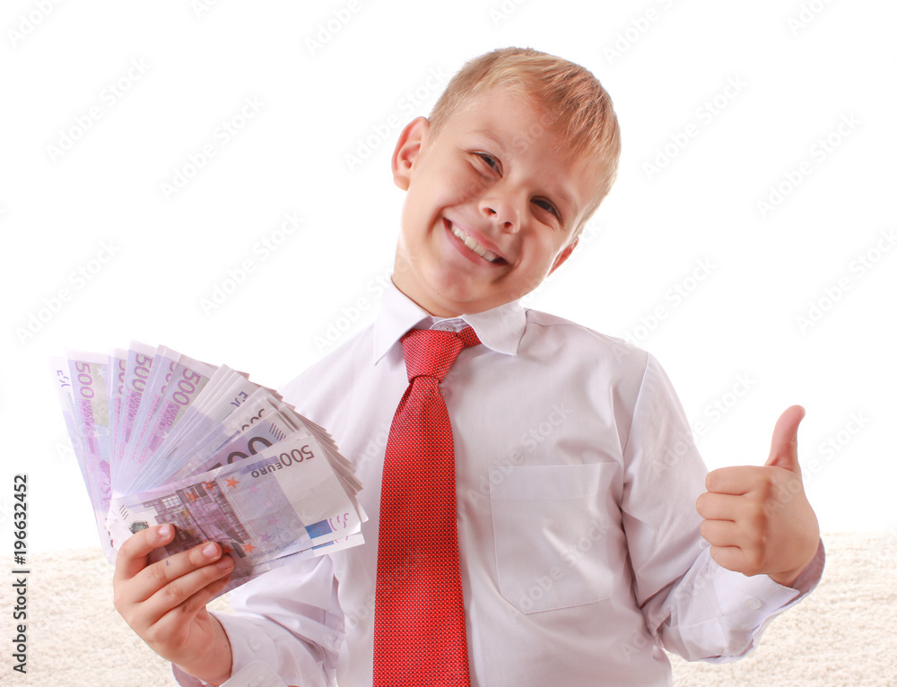 young cute boy holding a lot of cash, money euro smiling and holding ...