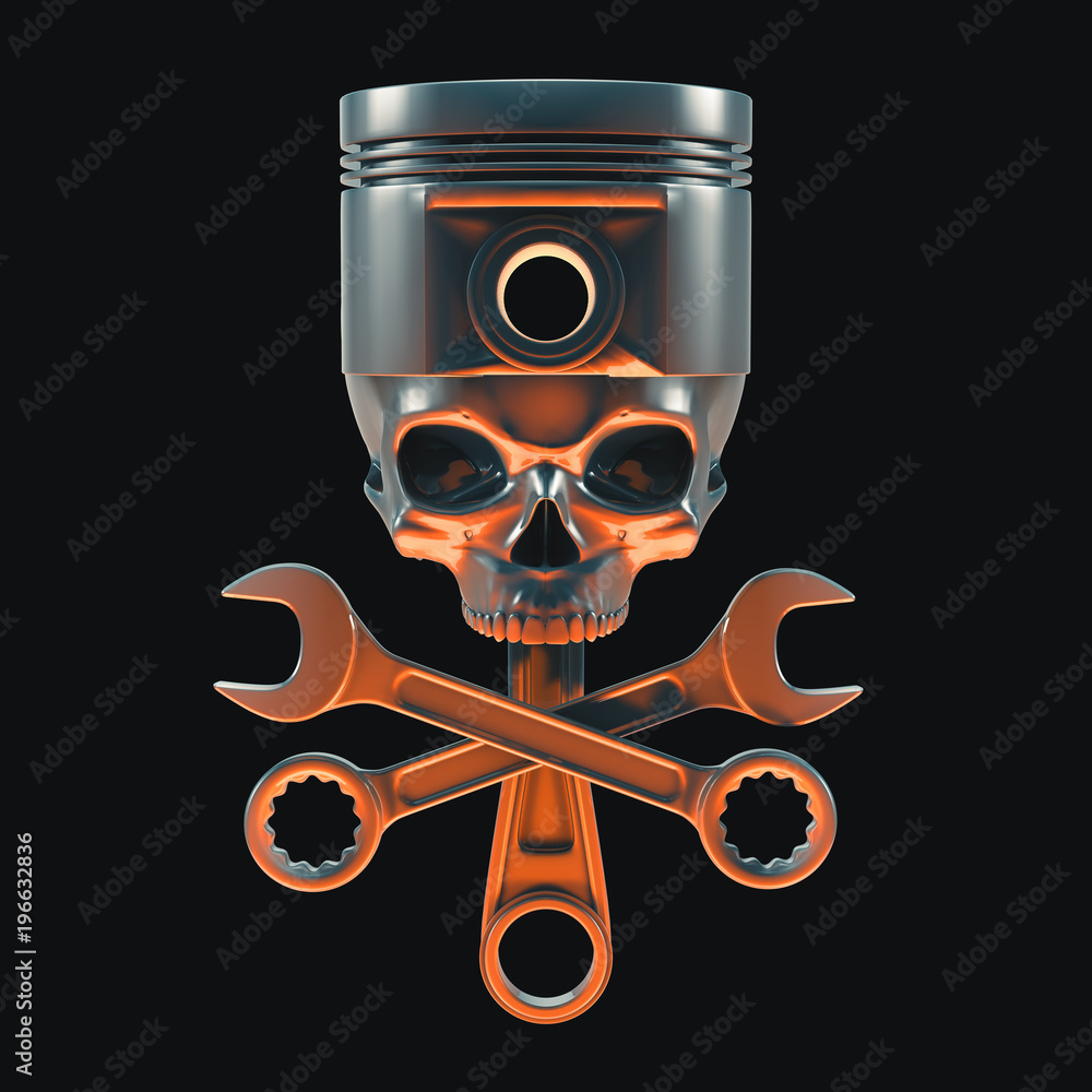 Mechanic skull and crossbones / 3D illustration of engine piston metal ...
