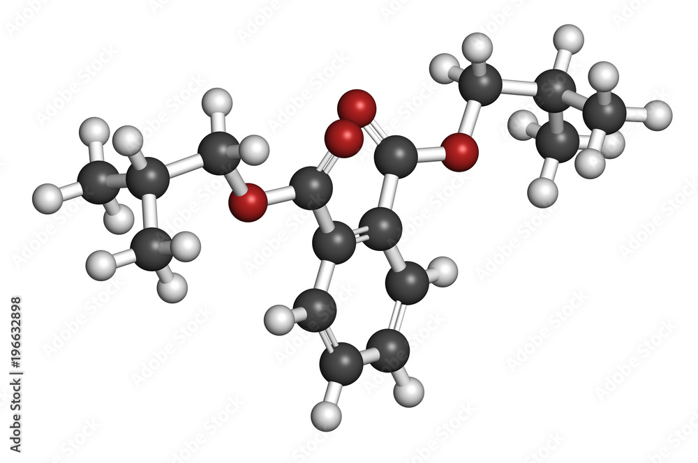 Diisobutyl phthalate (DIBP) plasticizer molecule. 3D rendering. Atoms ...