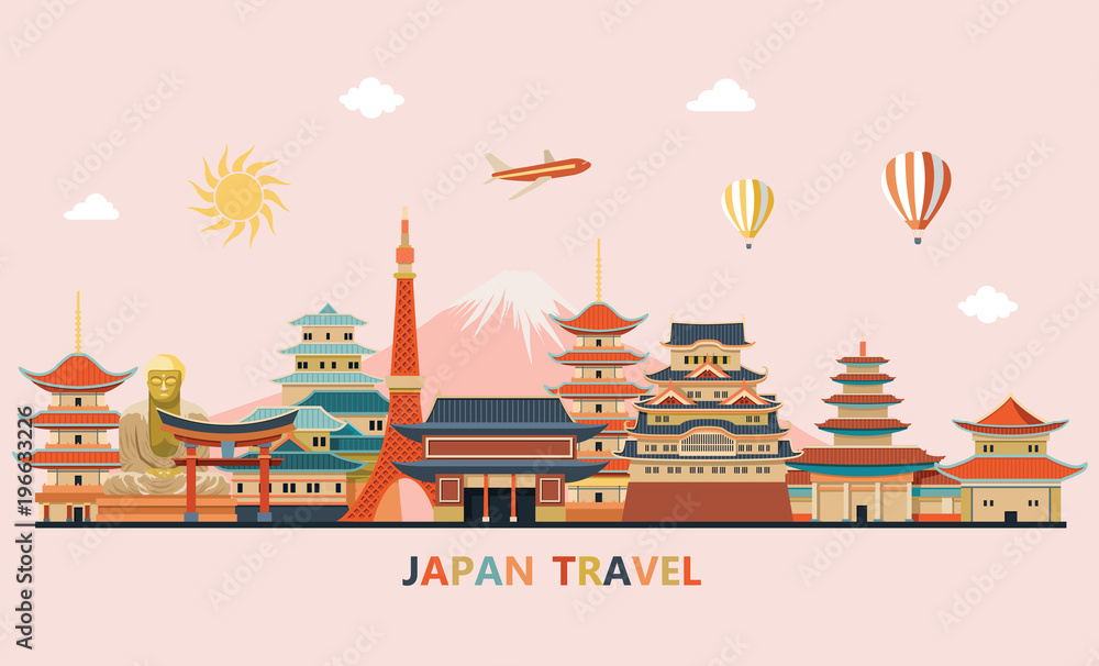 Japan travel. Travel and tourism background. Japan skyline. Vector ...