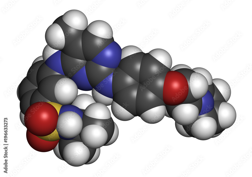 Fedratinib cancer drug molecule. 3D rendering. Atoms are represented as ...