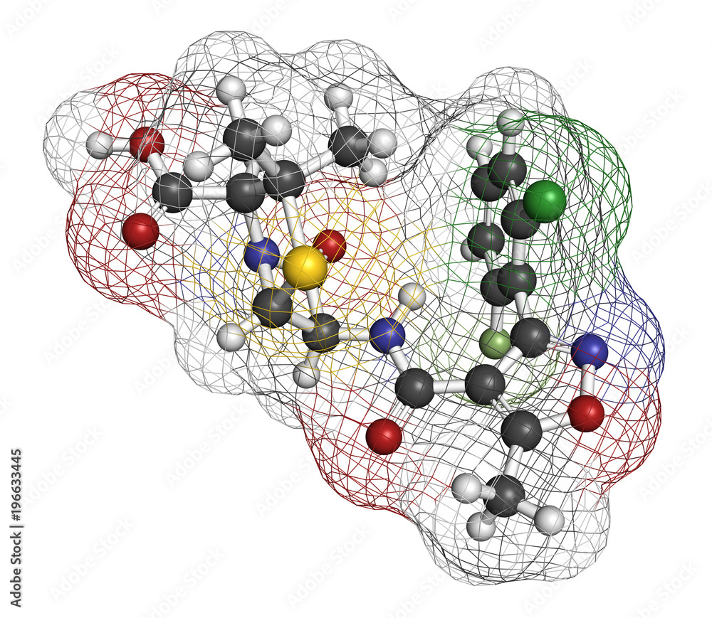 Flucloxacillin (floxacillin) antibiotic drug molecule. 3D rendering ...