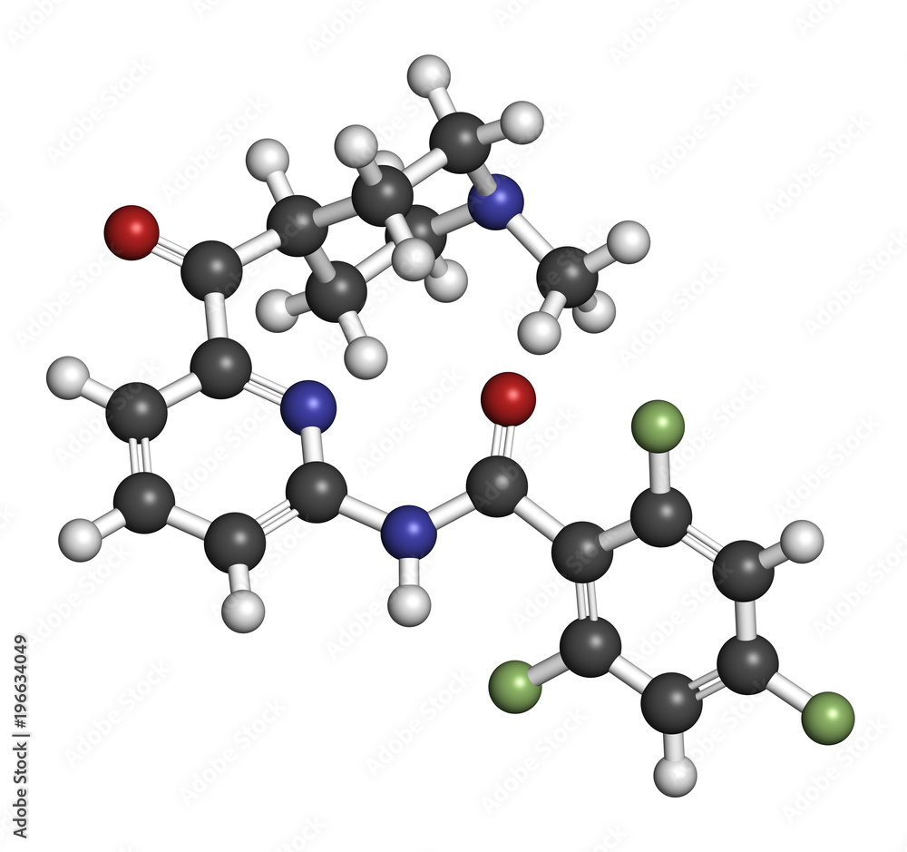 Lasmiditan migraine drug molecule. 3D rendering. Atoms are represented ...