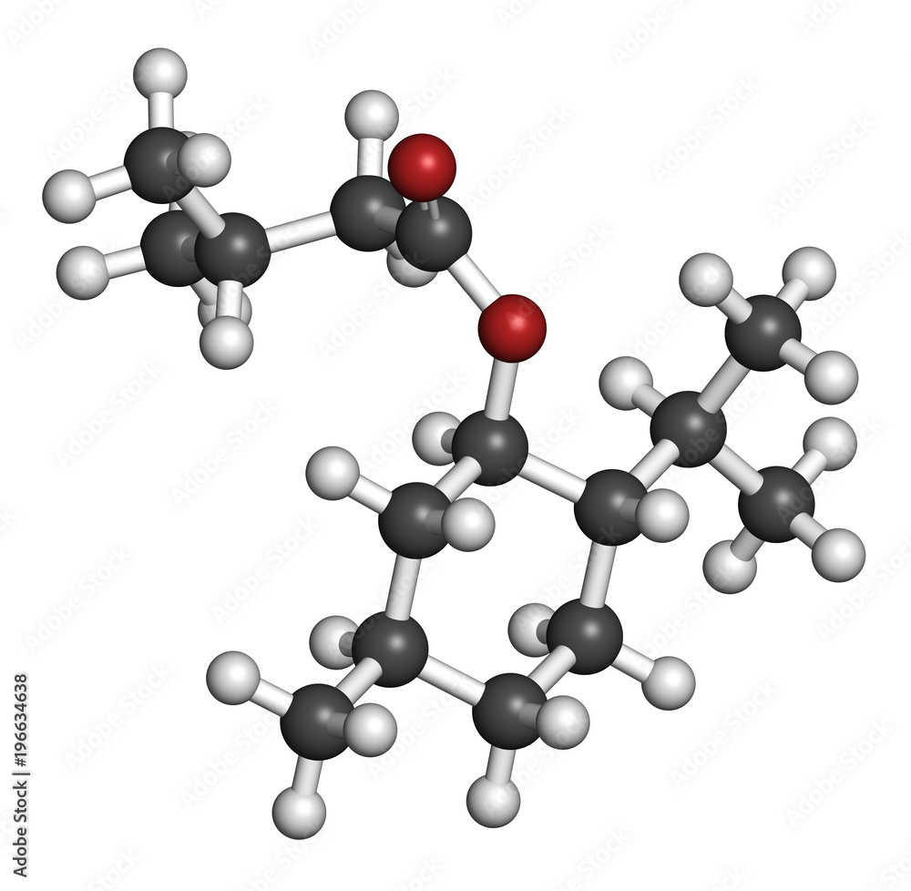 Menthyl isovalerate drug molecule. 3D rendering. Atoms are represented ...