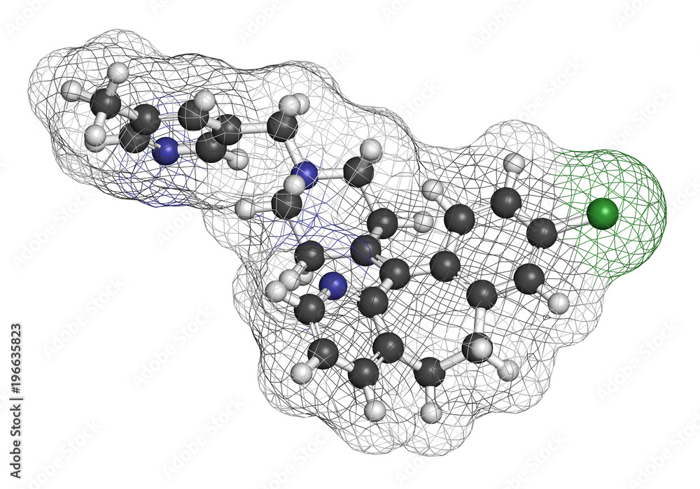 Rupatadine antihistamine drug molecule. 3D rendering. Atoms are ...