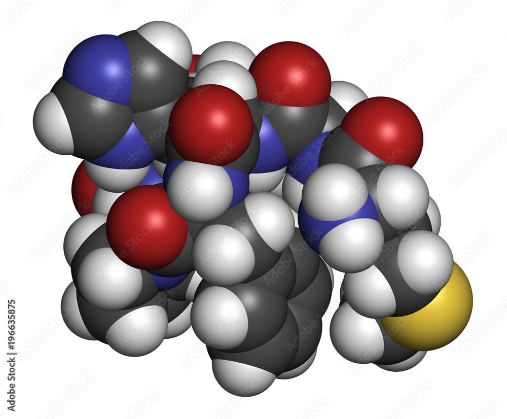 Semax peptide drug molecule. 3D rendering. Atoms are represented as ...