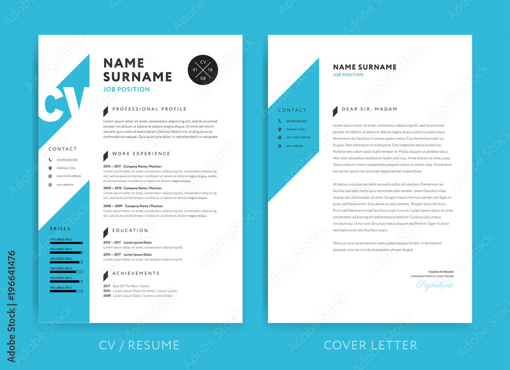 Creative CV / resume template blue background color minimalist vector ...