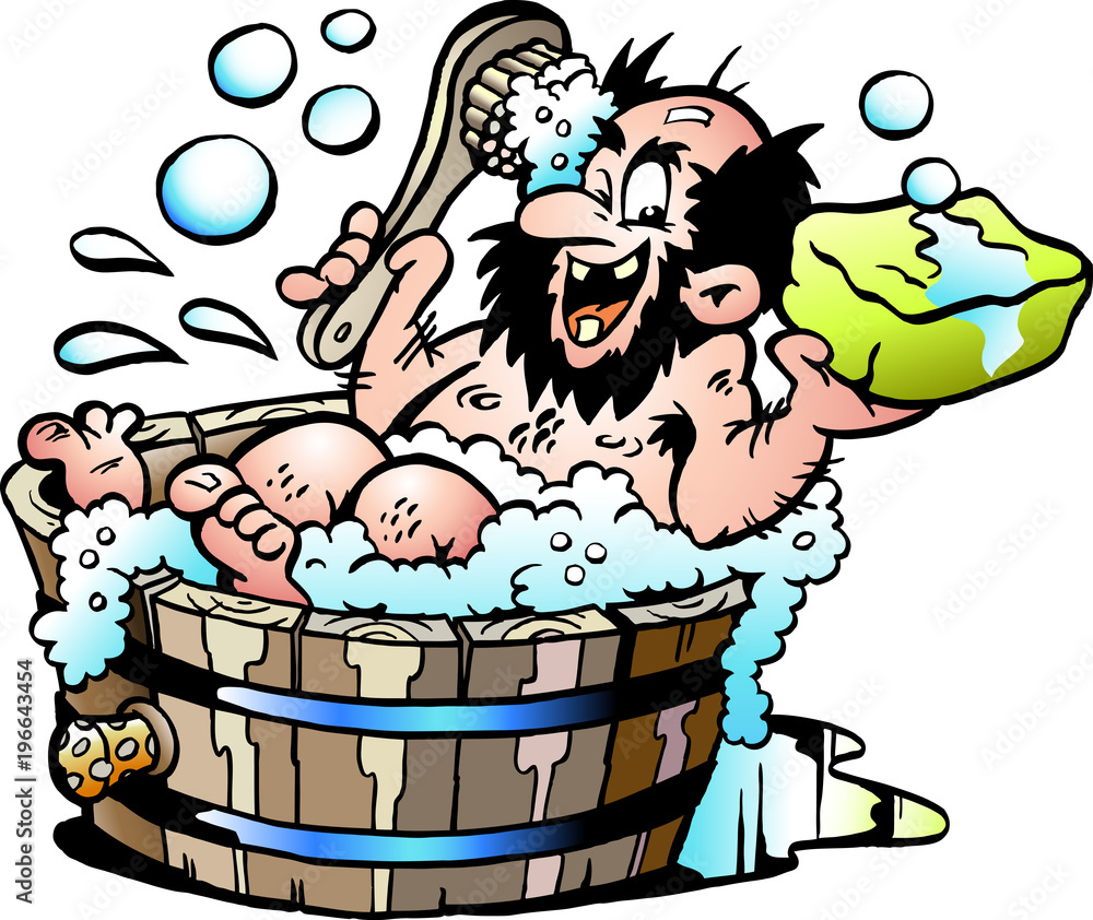 Cartoon Vector illustration of an Old dirty man who wash him selv in a ...