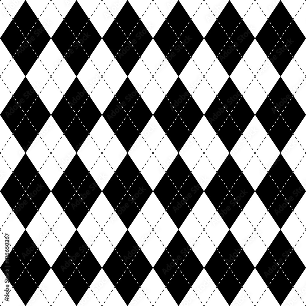 Black and white argyle seamless pattern background. Diamond shapes with dashed lines. Simple ...