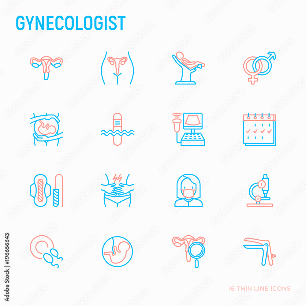 Gynecologist thin line icons set: uterus, ovaries, gynecological chair ...