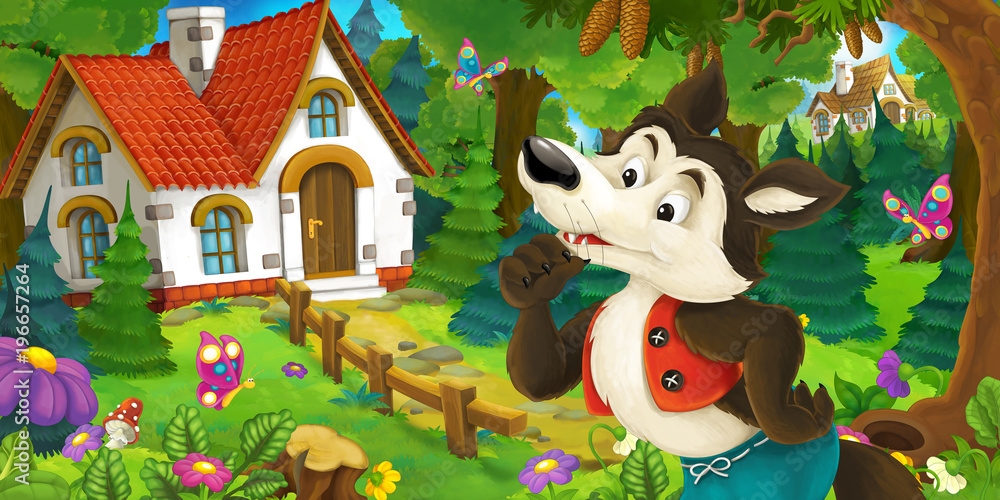 cartoon scene with wolf in the forest near beautiful wooden farm house ...