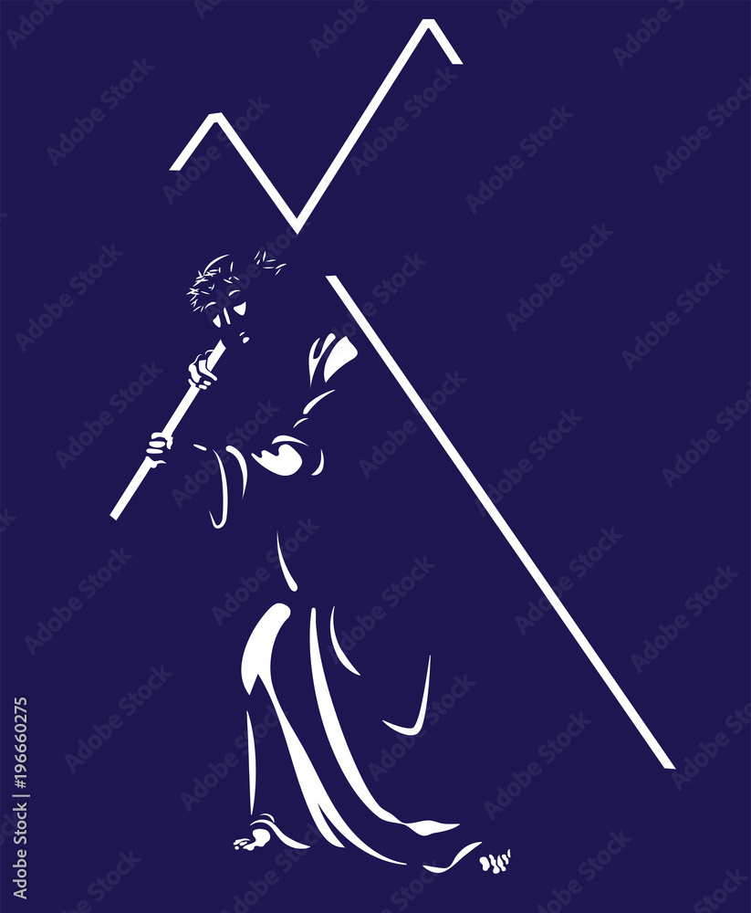 Jesus carrying a cross, a simple stylized vector illustration on a dark ...