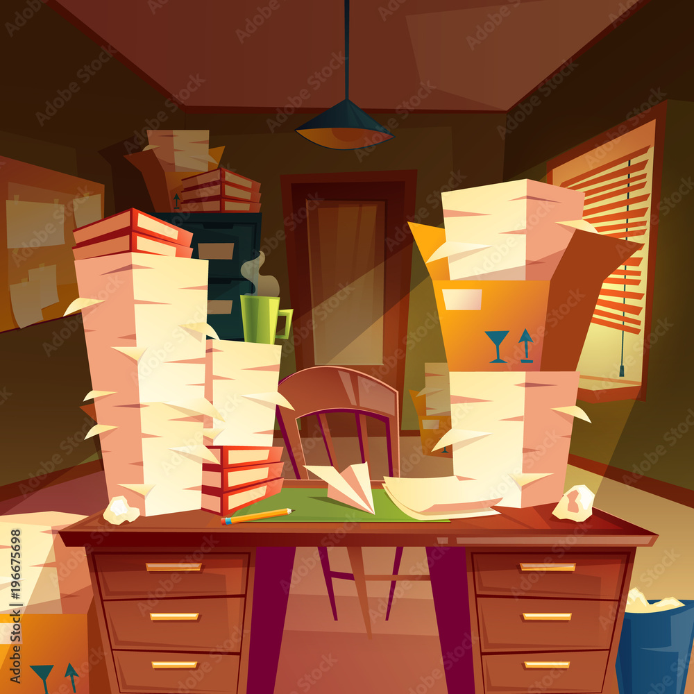 Vector cartoon background with piles of paper in empty office ...