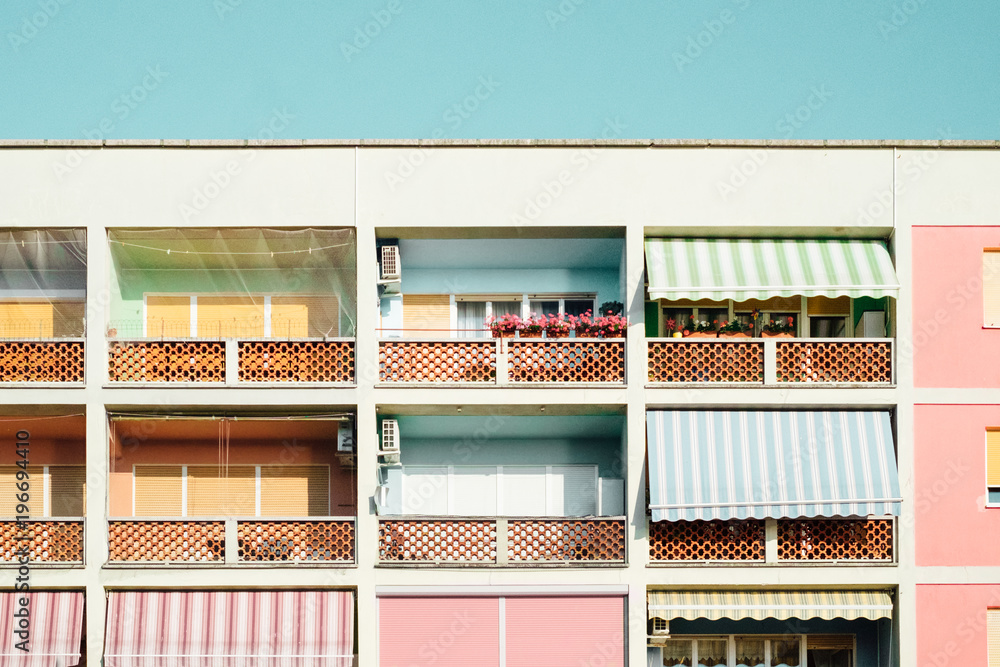 Pastel Building With Colorful Balconies Pastel and retro building with ...