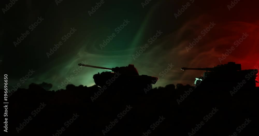 Slider shot. War Concept. Armed forces fighting scene on war fog sky ...