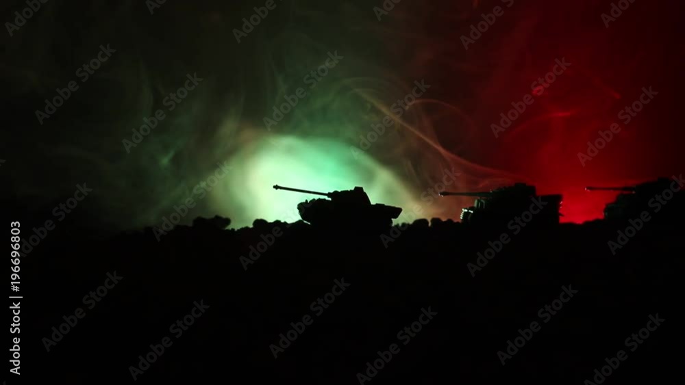 Slider shot. War Concept. Armed forces fighting scene on war fog sky ...
