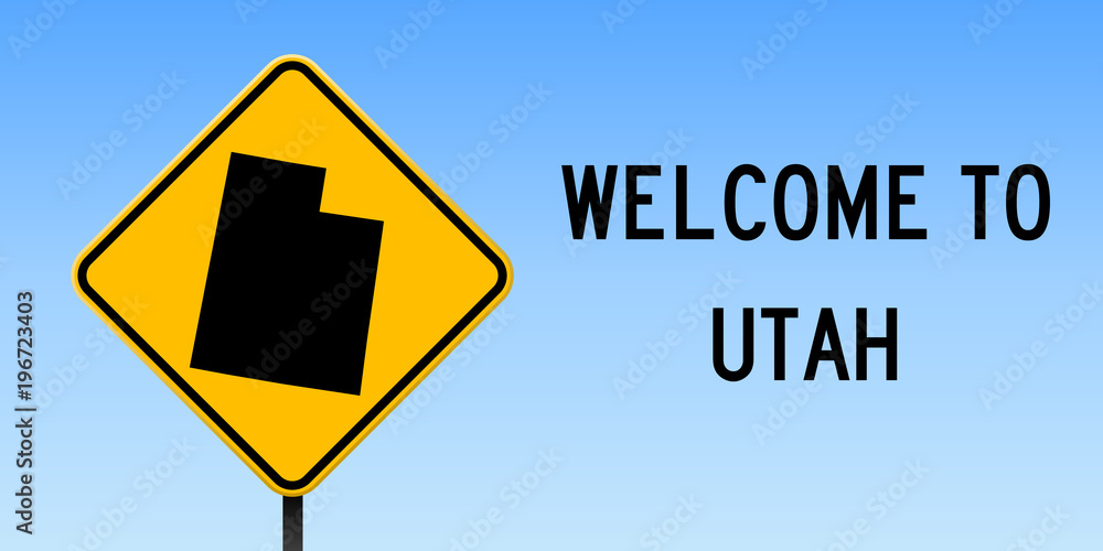 Utah map on road sign. Wide poster with Utah us state map on yellow ...