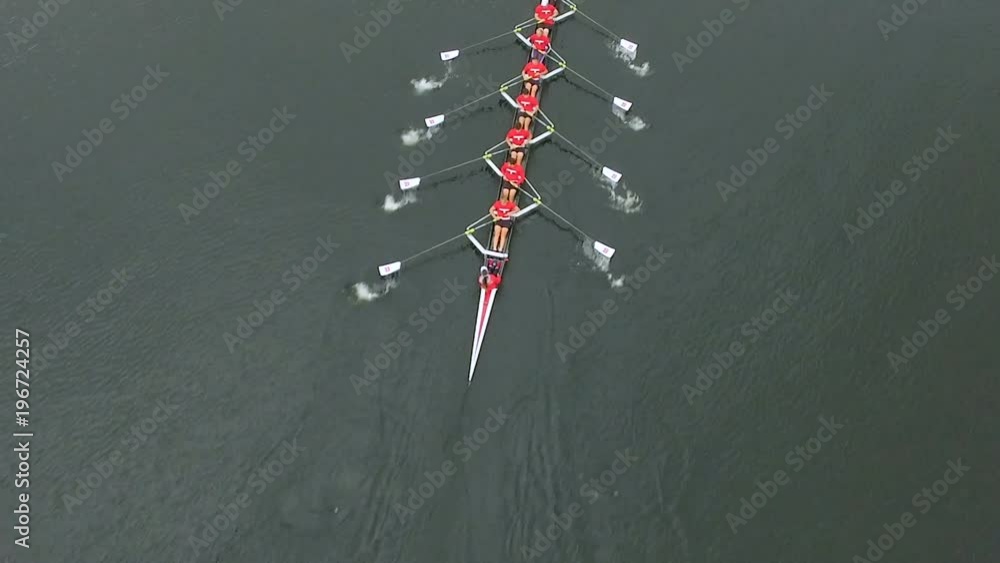 Overhead aerial of rowing team in boat rowing together Stock Video ...