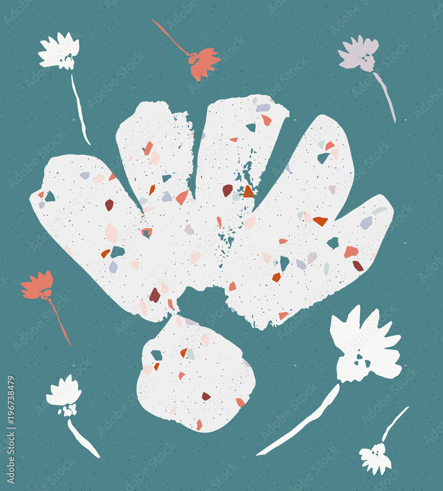 Terrazzo, concrette and hand drawn flowers collage. Abstract poster or ...