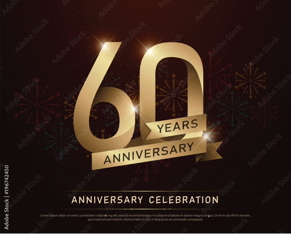 60th years anniversary celebration gold number and golden ribbons with ...