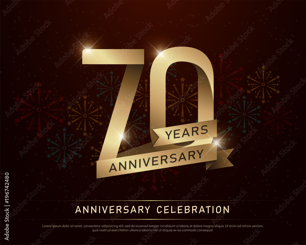 70th years anniversary celebration gold number and golden ribbons with ...