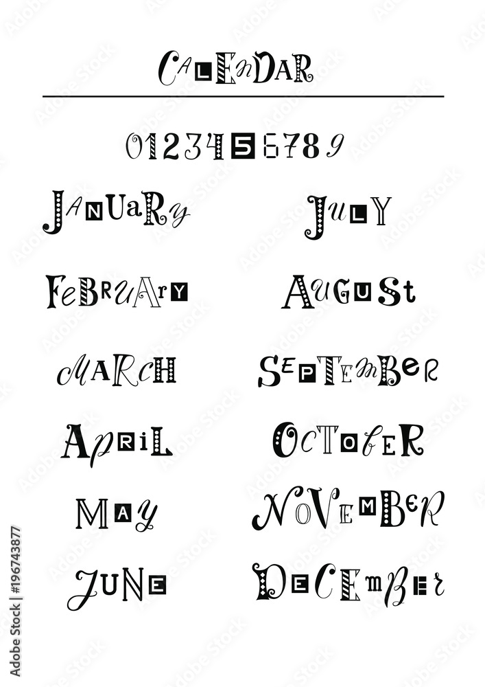 Hand drawn decorative lettering of months of the year and numbers with ...