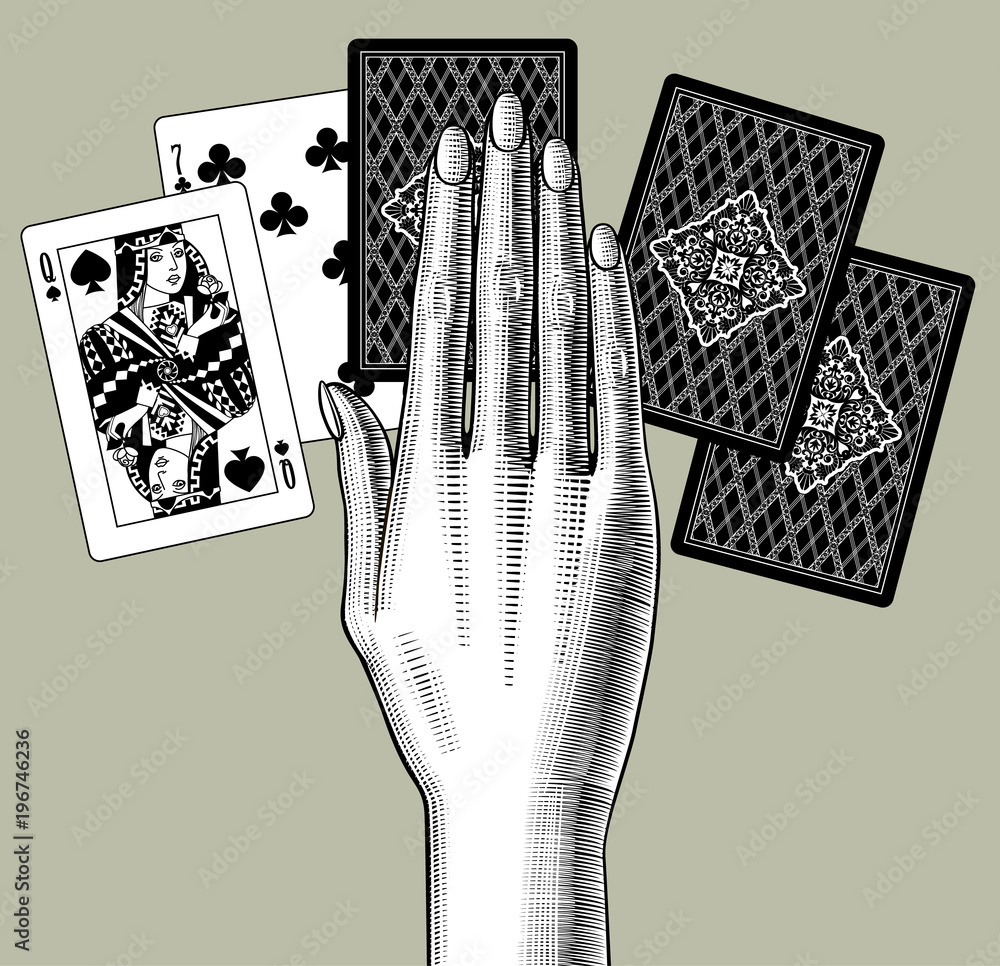 Woman's hand laying out playing cards fan. Vintage engraving stylized ...