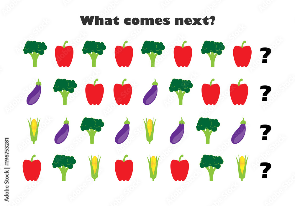 What comes next with vegetables pictures (broccoli,pepper) for children ...